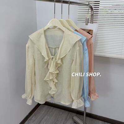【英英Chili】V领气质荷叶边100苎麻韩系减龄设计师款衬衣K 04.12