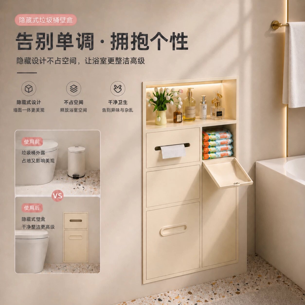 马桶壁龛卫生间嵌入式垃圾桶置物架双层金属304不锈钢成品壁龛柜