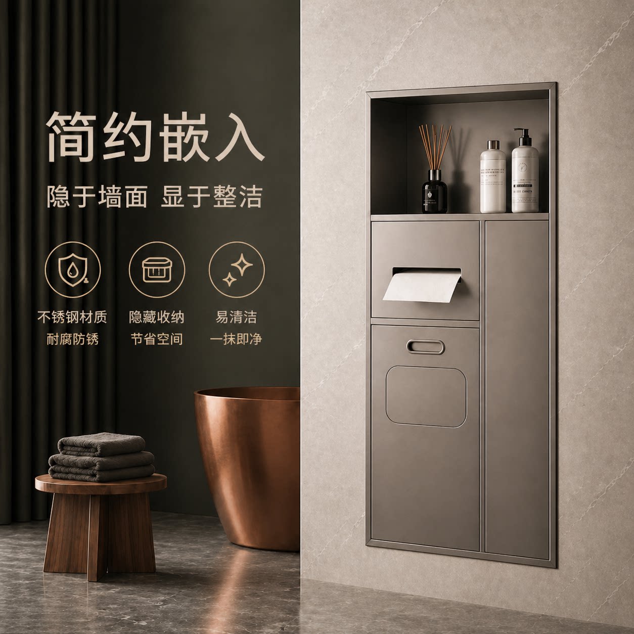 暗装嵌入式不锈钢壁龛四合一客厅卫生间沐浴房马桶隔板垃圾桶一体