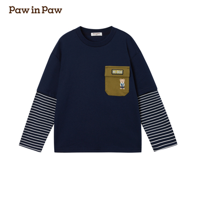 PAWINPAW卡通小熊童装男童长袖假两件T恤时尚拼接PCLAE4911K