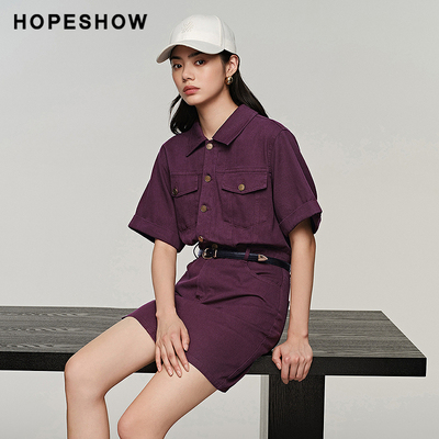 红袖HOPESHOW复古牛仔裙秋季女装翻领连衣裙89124251605