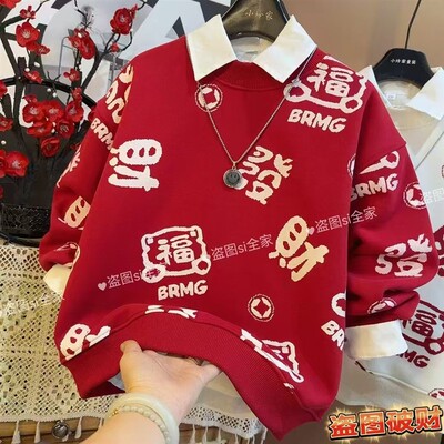 小玲自制【带领子假两件】纯棉发财富拜年服中大童加绒卫衣9795