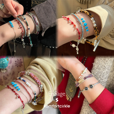 明星同款 ENSAGE 925纯银绿松石混珠手链编绳酒壶手绳编织手镯