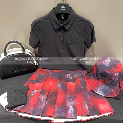 Anew高尔夫球衣套装25春夏新款短袖女上衣运动翻领T恤印花百褶裙