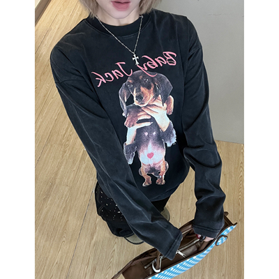 【JACK 克起飞了】美式休闲设计感小领口宽松印花长袖T恤hiphop