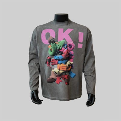 【粘土玩偶】夏季美式休闲设计感小领口宽松印花T恤潮流卡通长袖