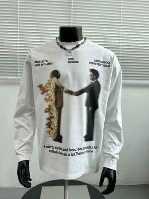 【握手自燃】美式休闲设计感小领口宽松字母印花长袖T恤潮流圆领