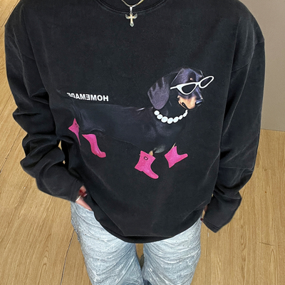 【贵宾修狗】美式休闲设计感小领口宽松字母印花长袖T恤hiphop潮