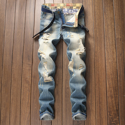 Men's slim fit ripped washed denim jeans牛仔裤男修身乞丐破洞