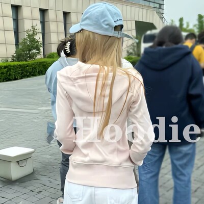 粉色美式修身连帽拉链短款卫衣女