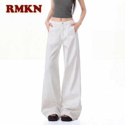 RMKN白色牛仔裤女水洗宽松垂感复古高级感显瘦阔腿弯刀裤子女