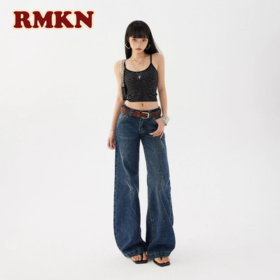 RMKN复古蓝低腰水洗微喇牛仔裤女美式辣妹磨毛喇叭裤显瘦拖地裤