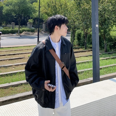 翻领黑色PU皮衣夹克外套男生春秋