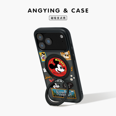 ANGYING × 米奇贴纸适用苹果17promax手机壳iPhone18pro新款带支架ip16全包磁吸支点迪士尼13高级Fo5保护套