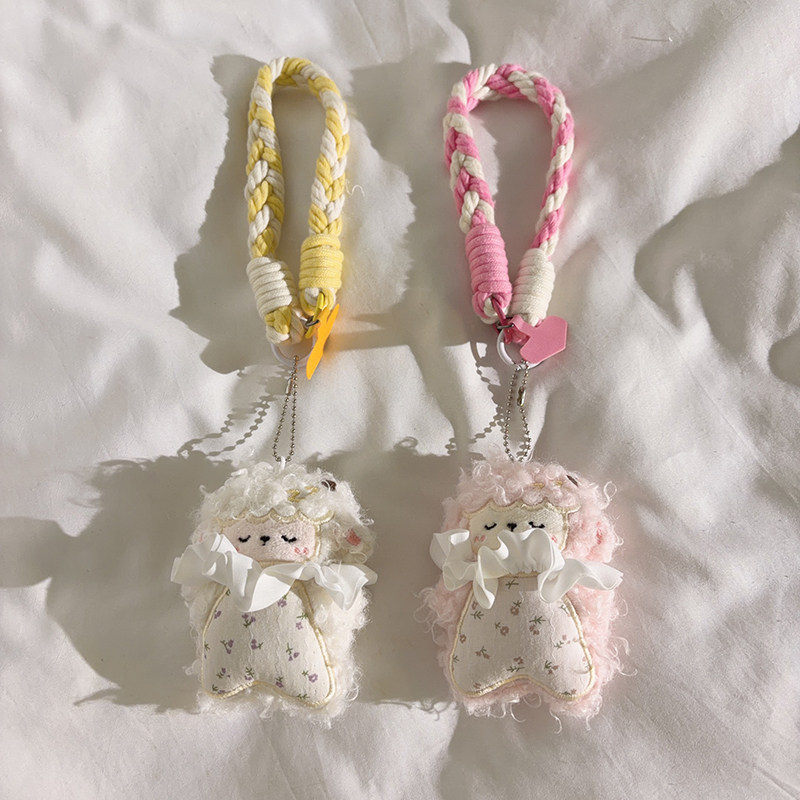 甜美可爱卡通毛绒碎花小羊公仔手机挂件编织挂绳适用于手机壳学生女款背包挂件尼龙线材手机链ccd钥匙扣配饰