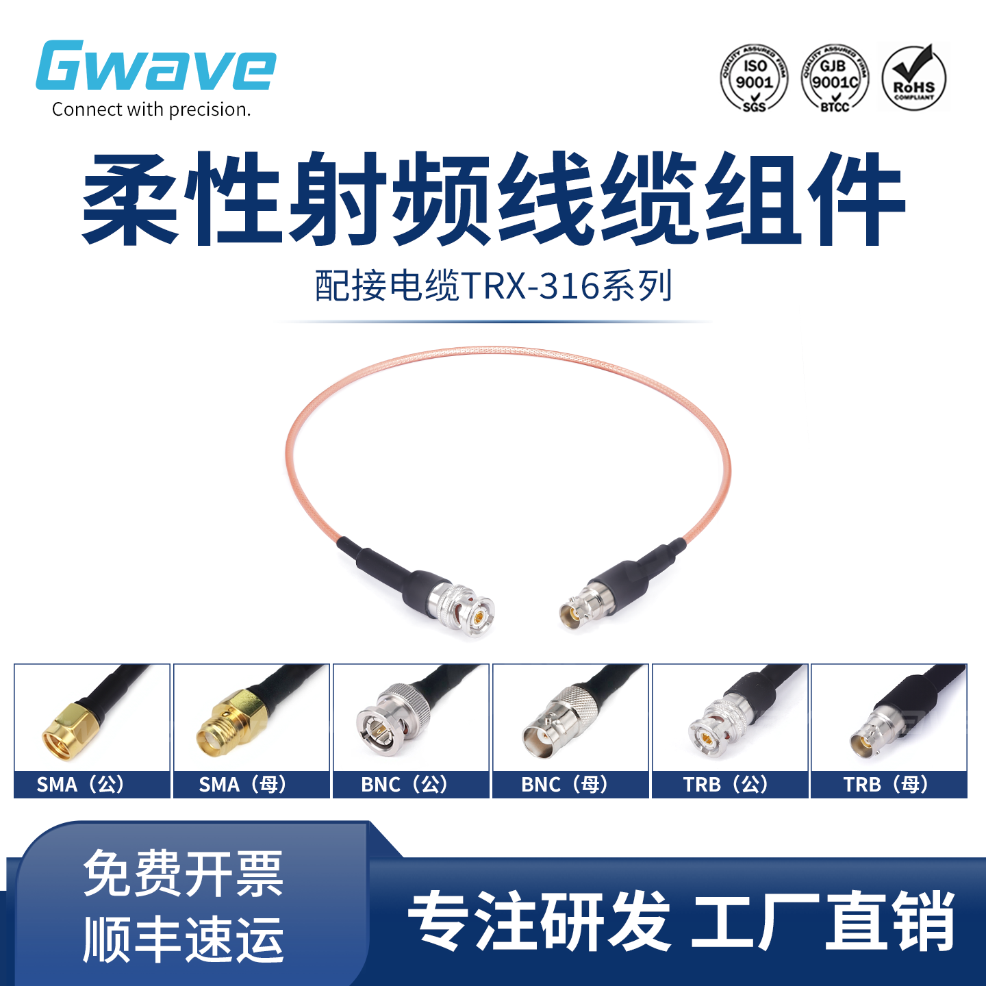 谷波互连TRB三同轴转SMA/BNC/TRB柔性射频线缆组件延长线 转接线