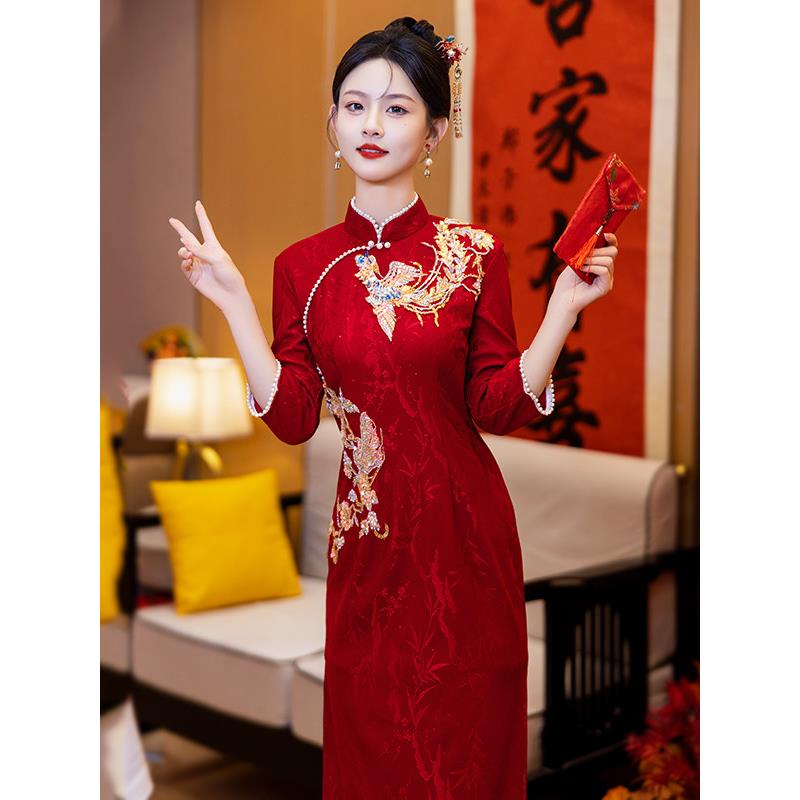 新中式红色旗袍敬酒服新娘订婚高端礼服女重工钉珠结婚秀禾服嫁衣