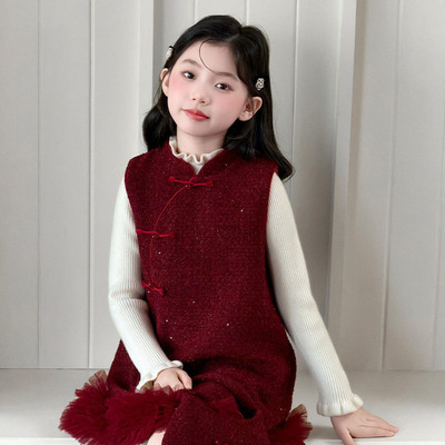 女童中式盘扣加厚保暖新年两件套