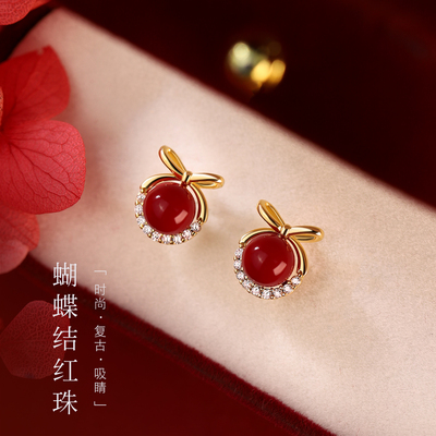 ACC蝴蝶结红珠999银耳钉小众高级