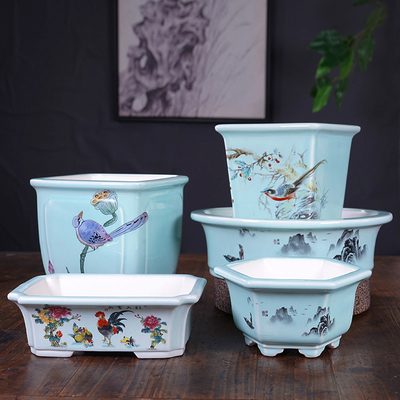 轻奢花盆青瓷釉彩绘贴画中国风