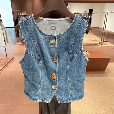 VM NY NB UR2026夏时尚魅力复古金属扣无袖牛仔马甲背心衬衫女ins