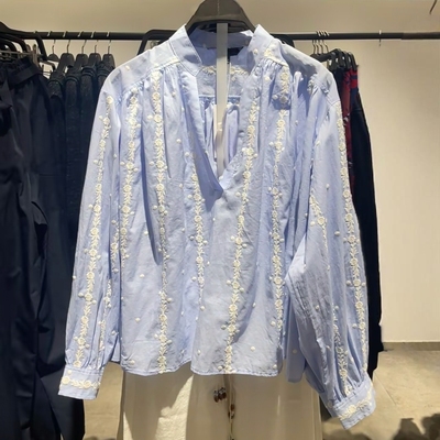 VM NY NB UR2026夏时尚休闲民族风V领刺绣宽松百搭长袖衬衫女ins