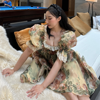 【折】Selkie Collection 24新款粉蓝格子印花连衣裙泡泡袖蓬蓬裙