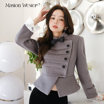 【折M】Masion Wester纯澳毛灰色宫廷风短呢外套加绒黑丝绒小脚裤