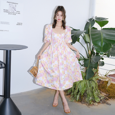 For Love and Lemons2R新款甜美碎花泡泡袖绑带露背连衣裙木兰