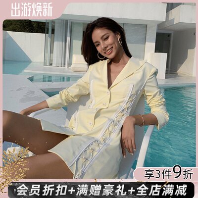 【折新】Hyein Seo暗黑机能抽绳重工金属抽绳黄色西装款连衣裙