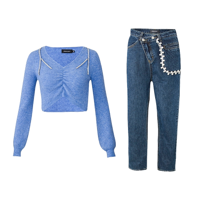 【折】HIGHLIGHT钻石肩链蓝色上衣单边钻链牛仔长裤2R设计师
