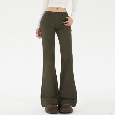 美式绿色低腰微喇叭牛仔裤女弹力