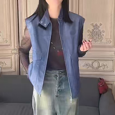 深圳南油＃2026早春新款香港巴黎五区AK立领拉链百搭无袖真皮马甲