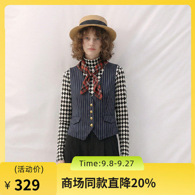 谜底无领西装马甲女2025秋新款复古风通勤条纹修身马夹257MM7722