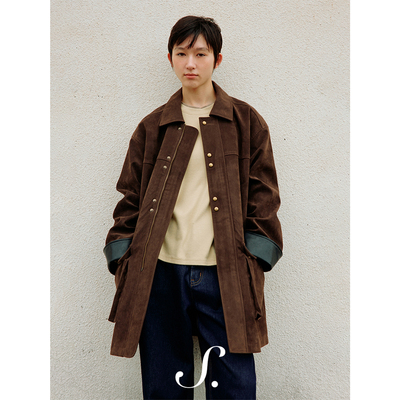 环保麂皮绒拼接分割风衣外套