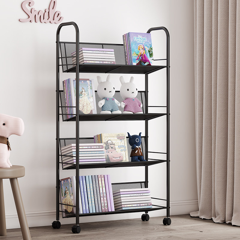 铁艺儿童书架家用落地一体靠墙绘本收纳可移动带轮书柜卧室置物架_虎窝淘