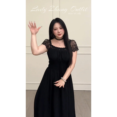 大小姐微胖大码“夜影缪斯”法式方领蕾丝花边拼接收腰连衣裙长裙