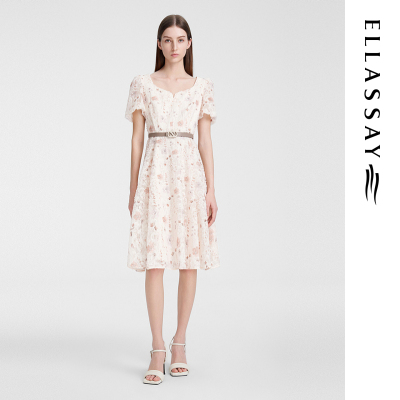 ELLASSAY歌力思夏季新款优雅提花水滴领连衣裙女EWE352Y03000