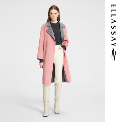 ELLASSAY歌力思秋冬新款绵羊毛灰粉撞色配系带大衣女EWE354D07200