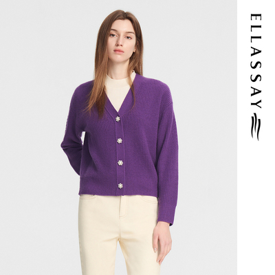 ELLASSAY歌力思秋冬新款绵羊毛薰衣草紫针织开衫女EWE354M09300