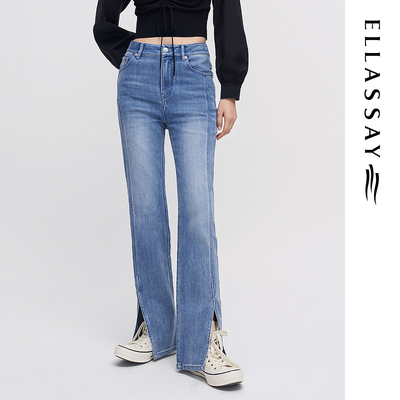 ELLASSAY歌力思早春新品休闲直筒开衩棉质牛仔裤EWW341N01600
