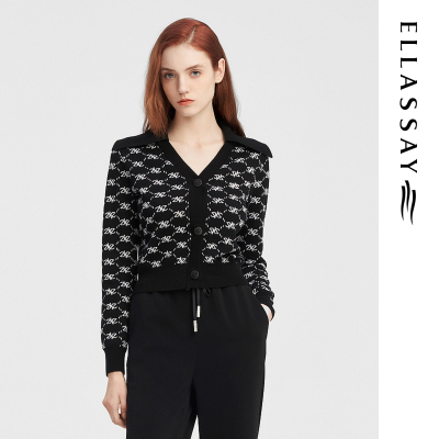 ELLASSAY歌力思秋季新款绵羊毛老花V领针织衫女EWW343M08200