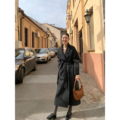 黑色100%羊毛大衣双面呢毛呢外套