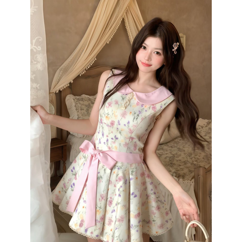 越韩小鱼Musefish 西西里花涧 法式少女娃娃领收腰碎花蓬蓬连衣裙