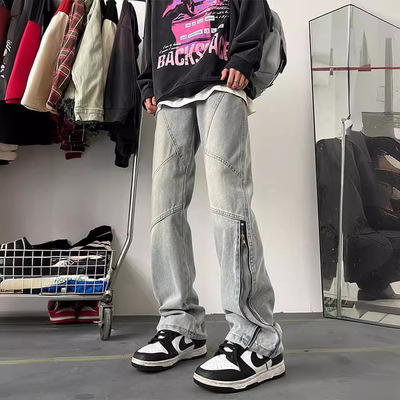 美式复古拉链牛仔裤男202