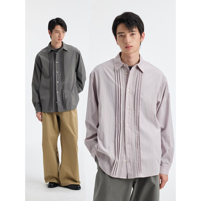 BUTTBILL 26SS莱赛尔棉锦混纺镂空花边褶裥衬衫长袖男情侣衬衣服