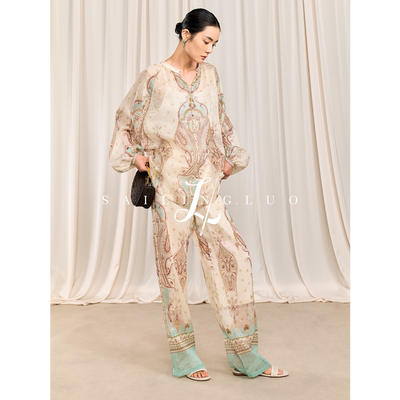 亚麻真丝印花宽松廓型长裤套装