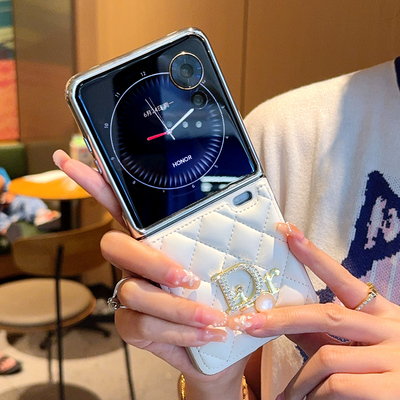 适用荣耀MagicVFlip2手机壳全包防摔创意商务男女荣耀magicvflip折叠屏保护套简约奢华镶钻菱格小香风