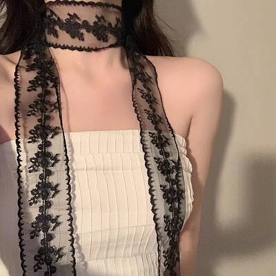 韩系黑色纯欲蕾丝飘带女细长条丝巾发带绑发复古装饰领巾腰带春夏