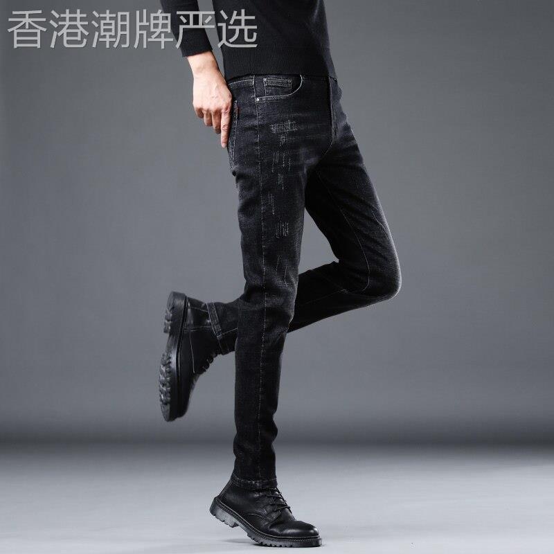 意大利秋季2025年新款高端黑色弹力牛仔裤男修身小脚刮烂猫须男裤